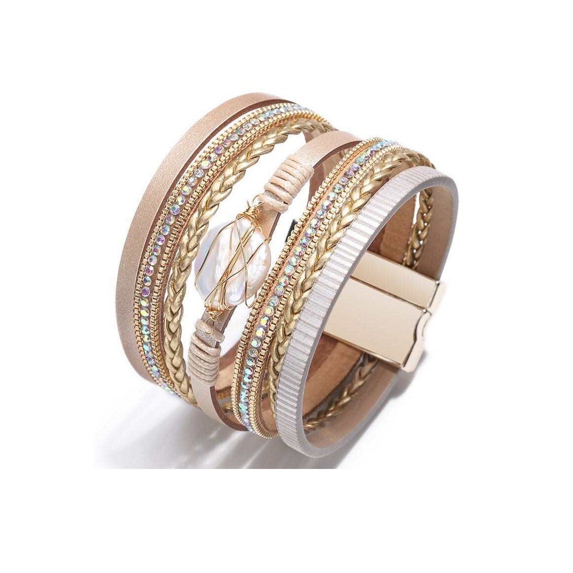 Summer Gold/Beige Womens Multi Strand Crystal Baroque Pearl Pleather C ...